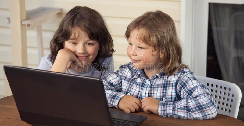 Two Happy Children Playing with Laptop Outdoors Stock Image - Image of ...