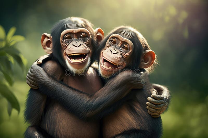 Two Happy Chimpanzees Hugging Each Other in a Blurred Nature Background ...