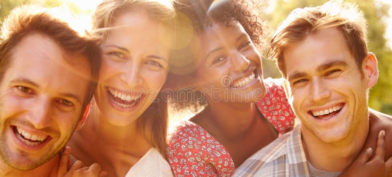 Two Happy Couples Smiling To Camera Outdoors, Close Up Stock Image ...
