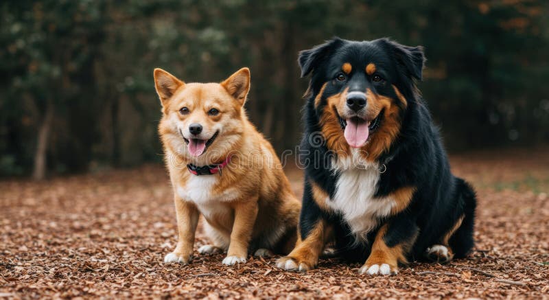 Two Happy Dogs Sitting Outdoors in Autumn Stock Illustration ...