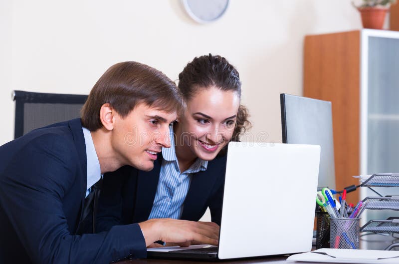 Two Happy Employees In Office Stock Image - Image of happy, laptop ...