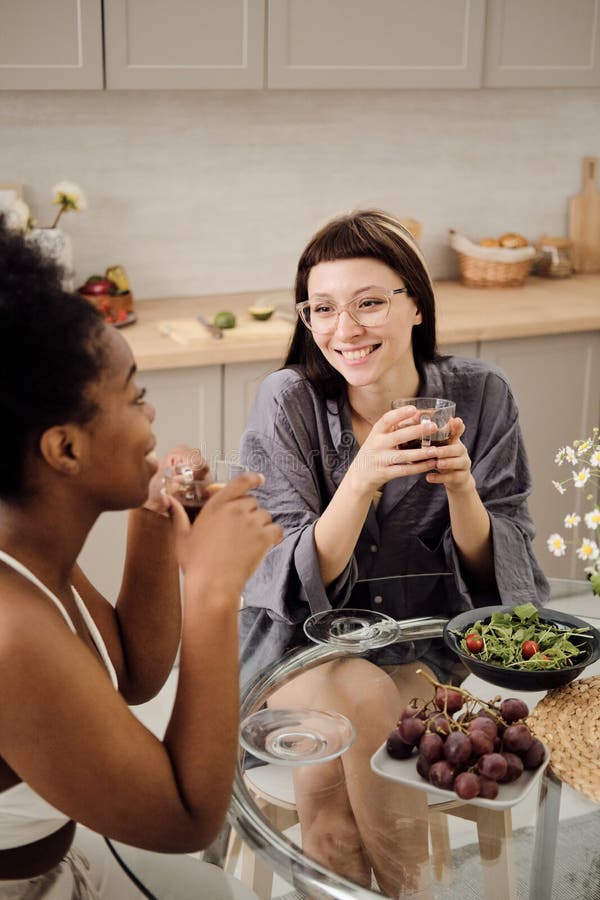 Two Happy Females Having Tea and Talking Stock Image - Image of food ...