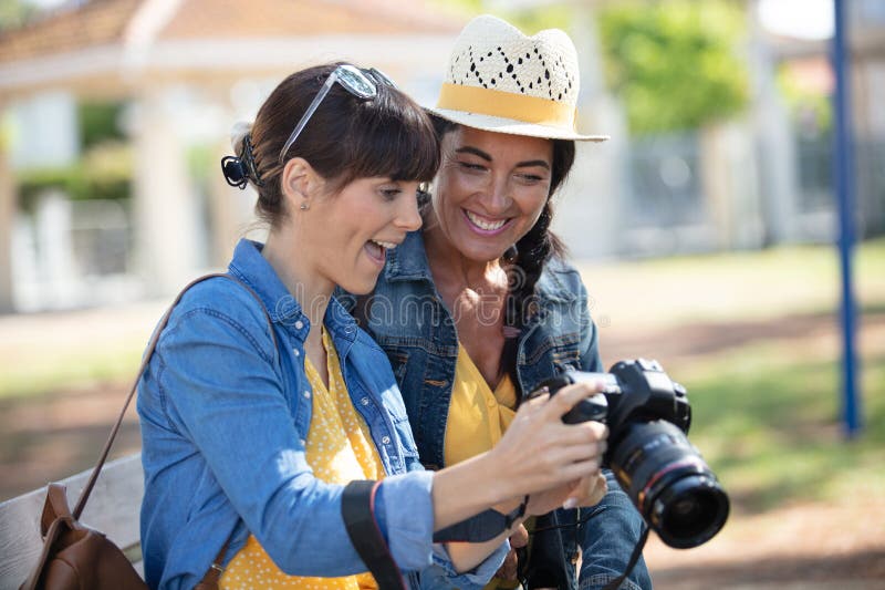 Two Happy Friends Looking at Camera Stock Photo - Image of street ...