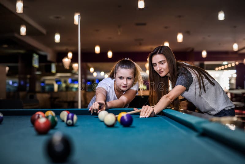 Two Happy Friends in Pub Playing Billiard Stock Photo - Image of ...