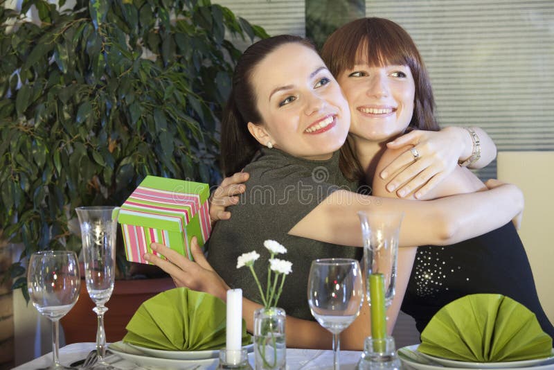 Two Happy Friends in Restaurant Stock Image - Image of romantic, female ...