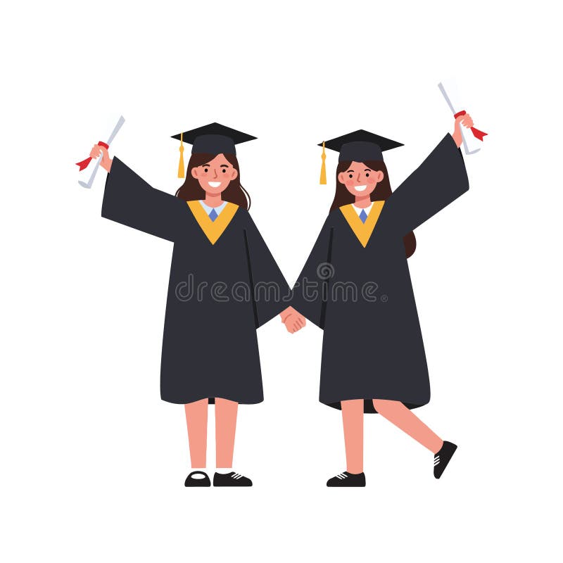 Two Happy Graduates Celebrating Their Achievement in Flat Vector Art ...