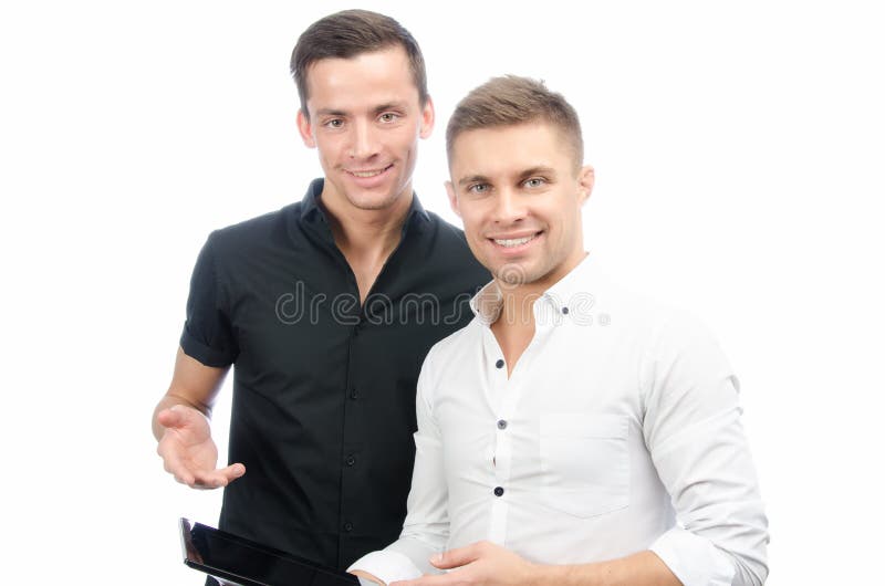 Two Happy Guys and a Tablet. Work and Study. White Background. Stock ...