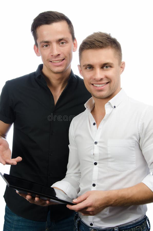 Two Happy Guys and a Tablet. Work and Study. White Background. Stock ...