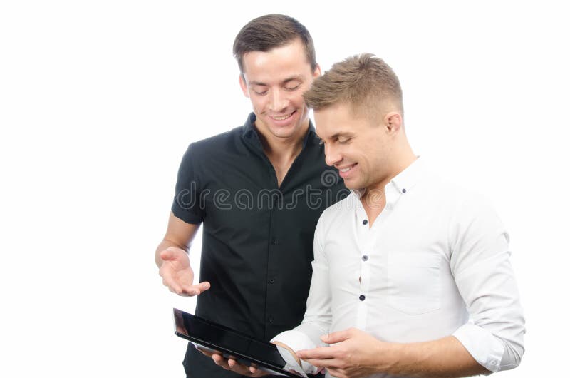 Two Happy Guys and a Tablet. Work and Study. White Background. Stock ...