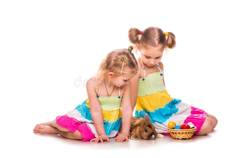 Two Happy Kids with Easter Bunny and Eggs. Happy Easter Stock Photo ...