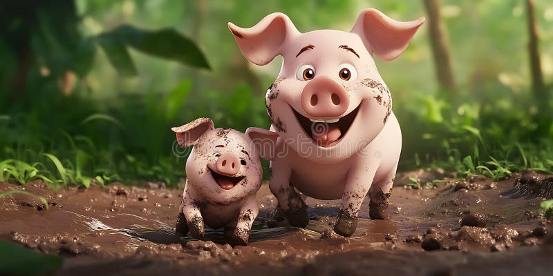 Two Happy Pigs Playing in the Mud Stock Illustration - Illustration of ...