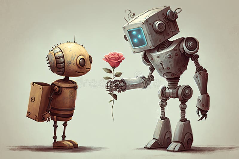 Two Happy Robots Give Each Other Flowers. Generative AI Stock ...