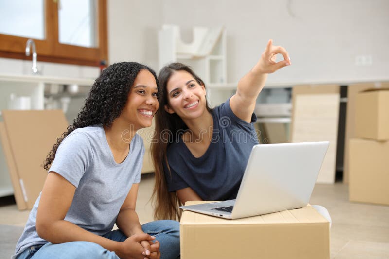 Two Happy Roommates Planning Decoration Moving Home Stock Image - Image ...