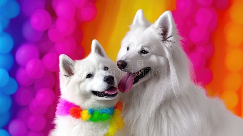 Two Happy Samoyed Dogs with Colorful Backdrop Stock Image - Image of ...