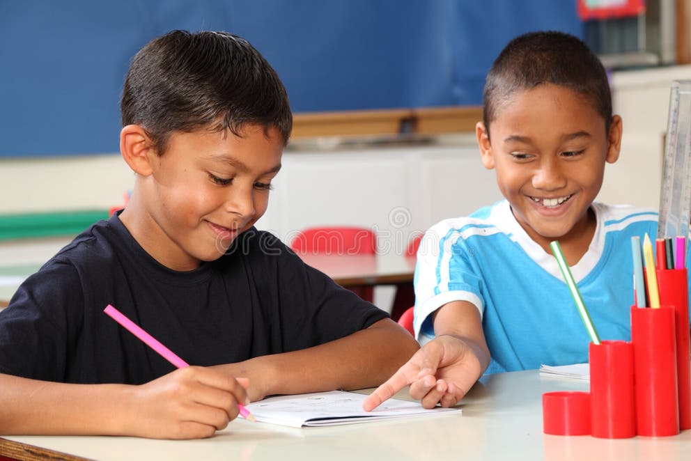 Two Happy School Boys Sharing Learning in Class Stock Image - Image of ...