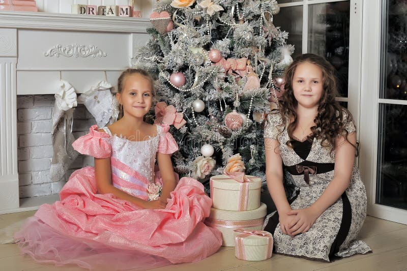 Two Happy Sisters at Christmas Stock Image - Image of balls ...