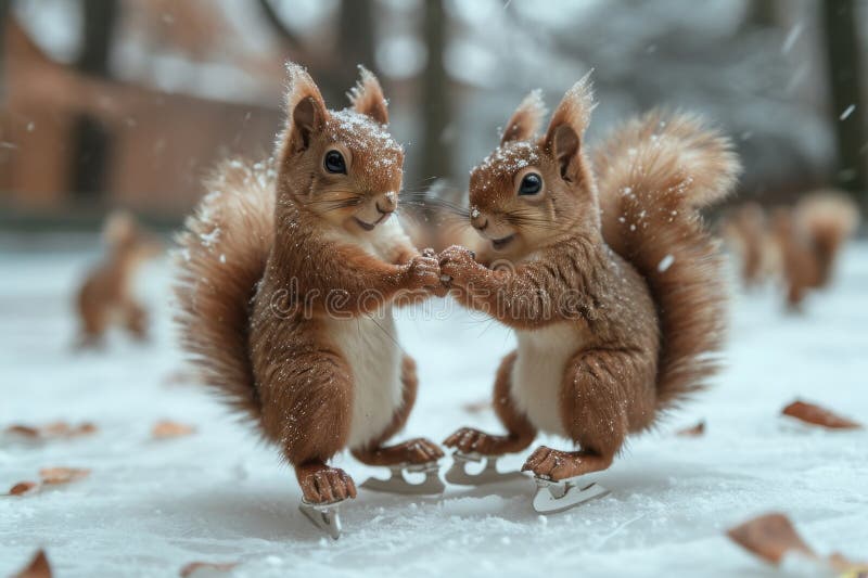 Two Happy Squirrels are Skating in a Winter Lake in the Forest. 3d ...