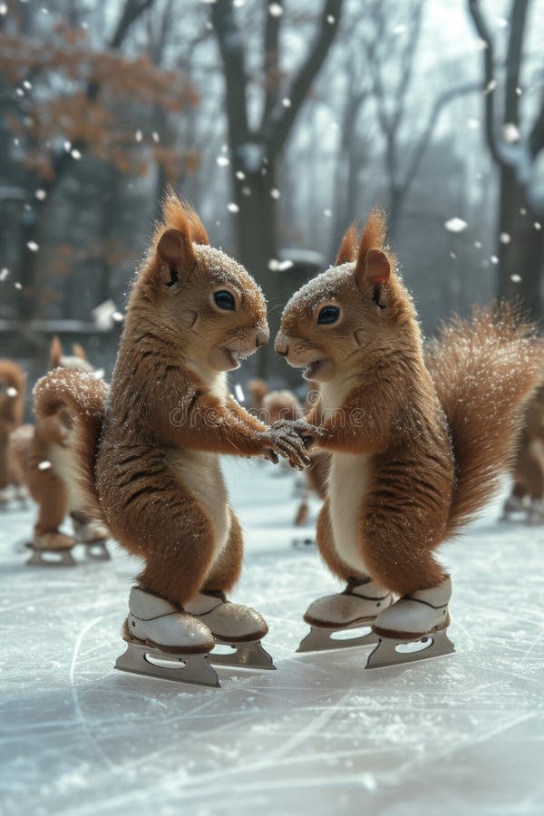 Two Happy Squirrels are Skating in a Winter Lake in the Forest. 3d ...