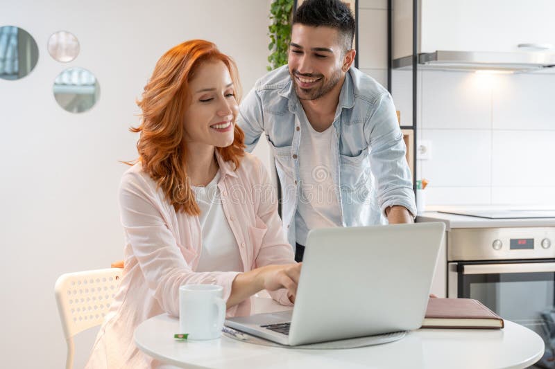 Two Happy Students Using Laptop Computer Working and Learning Together ...