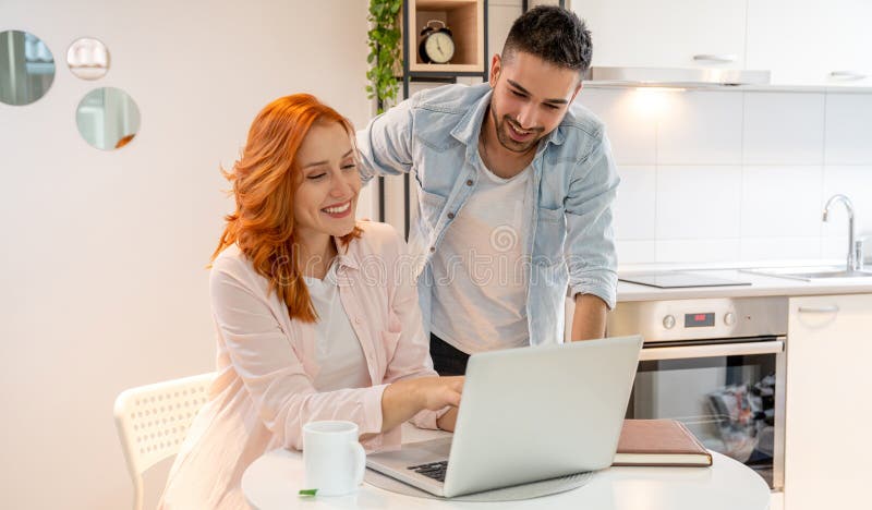 Two Happy Students Using Laptop Computer Working and Learning Together ...