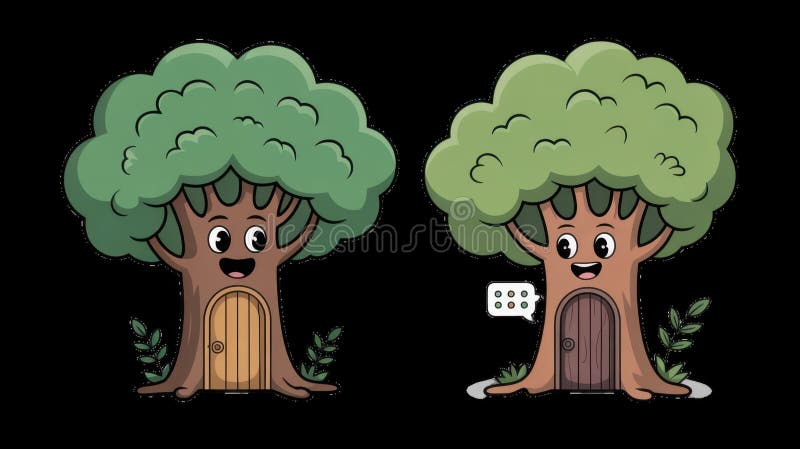 Two Happy Talking Trees with Doors and Leaves on Transparent Background ...