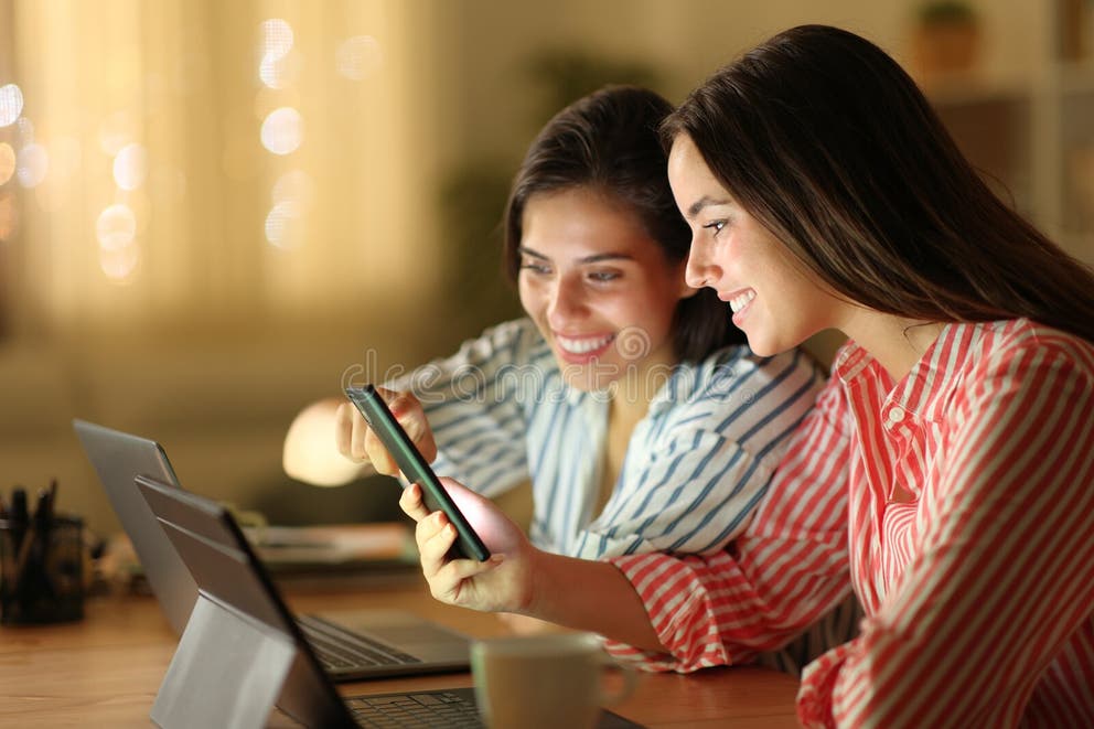 Two Happy Women Using Multiple Devices Stock Image - Image of multiple ...