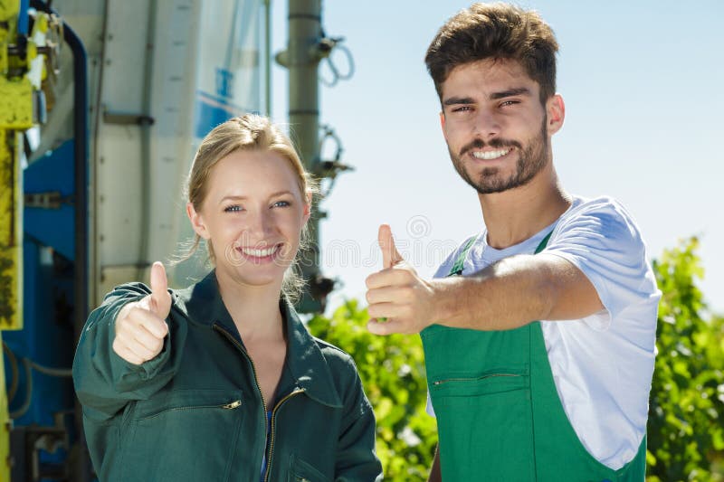 Two Happy Workers in Vineyards Show Thumbs Up Stock Image - Image of ...