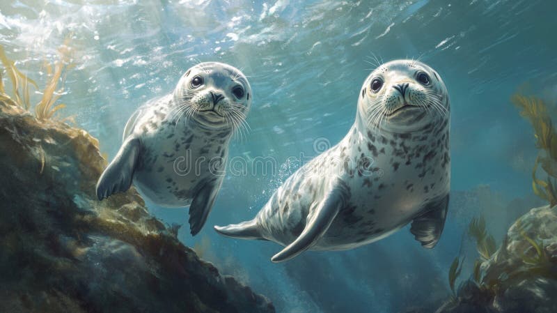 Two Harbor Seals Underwater in Rocky Ocean Habitat Stock Illustration ...