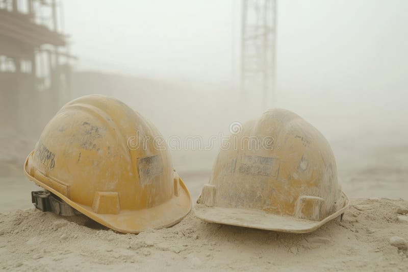 Two Hard Hats on Dusty Construction Site. Stock Photo - Image of ...