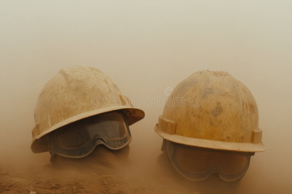 Two Hard Hats on Dusty Construction Site. Stock Photo - Image of ...