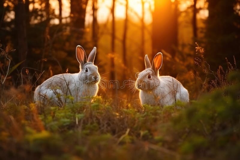 Two Hares in the Forest at Sunset in the Backlight Stock Illustration ...