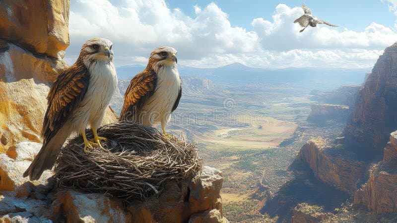 Two Hawks Perched on a Cliffside Nest with a Valley View Stock ...