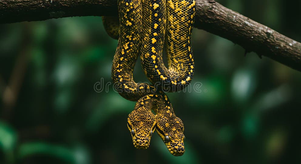 Two-Headed Green Tree Python Hanging from Branch Stock Illustration ...