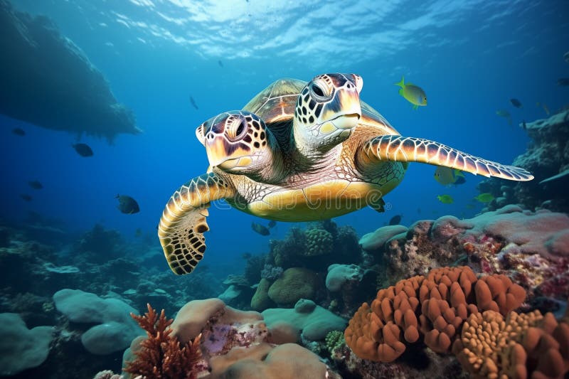 Two-headed Mutant Green Sea Turtle Swims on a Coral Reef Stock ...