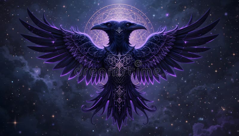 Two Headed Raven with Celestial Pattern Against Starry Sky Stock ...