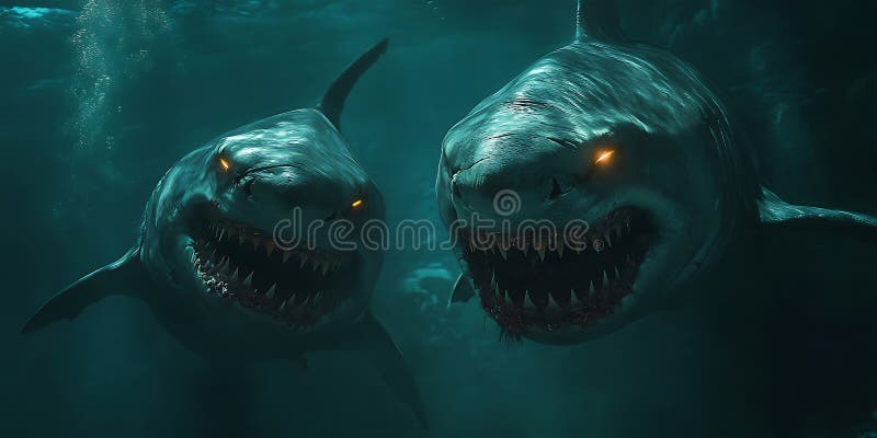 Two-Headed Shark with Glowing Eyes Guarding an Ancient Treasure Stock ...