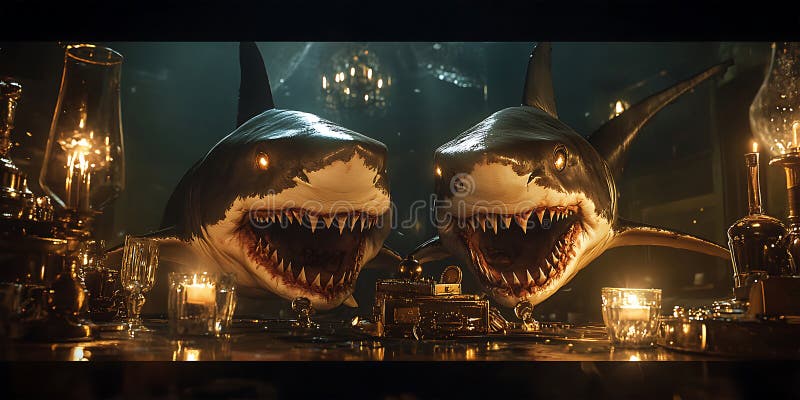 Two-Headed Shark with Glowing Eyes Guarding an Ancient Treasure Stock ...