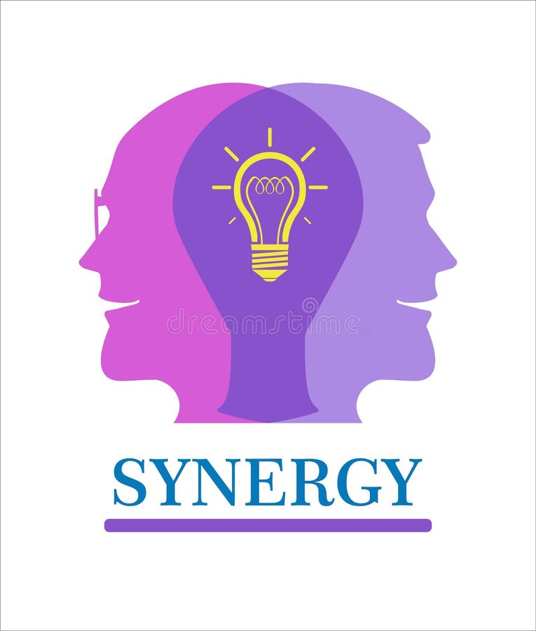 Two Heads and Bulb Symbolizing Synergy, Cooperation and Solution Stock ...