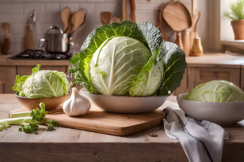 Two Heads of Cabbage on a Wooden Cutting Board in a Kitchen. Stock ...