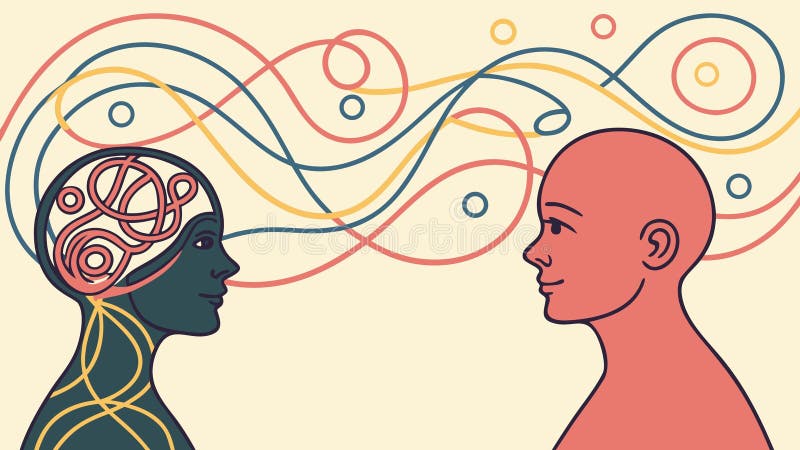 Two Heads Connected by Flowing Waves of Shared Ideas Vector Art, Vector ...