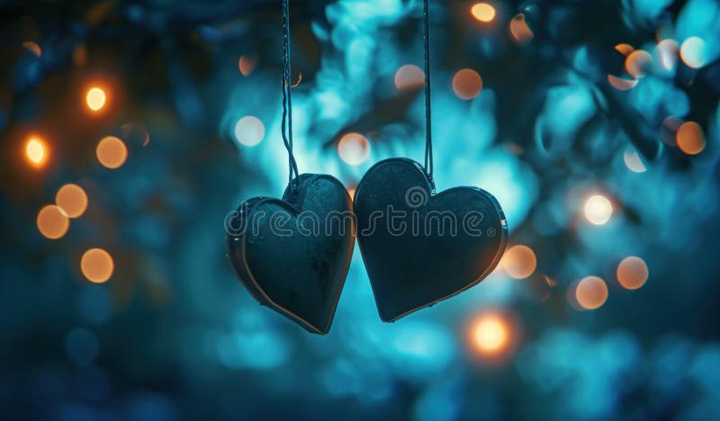 Two Heart Shape Hanging in a Frame at Night in Dark Forest Stock Photo ...