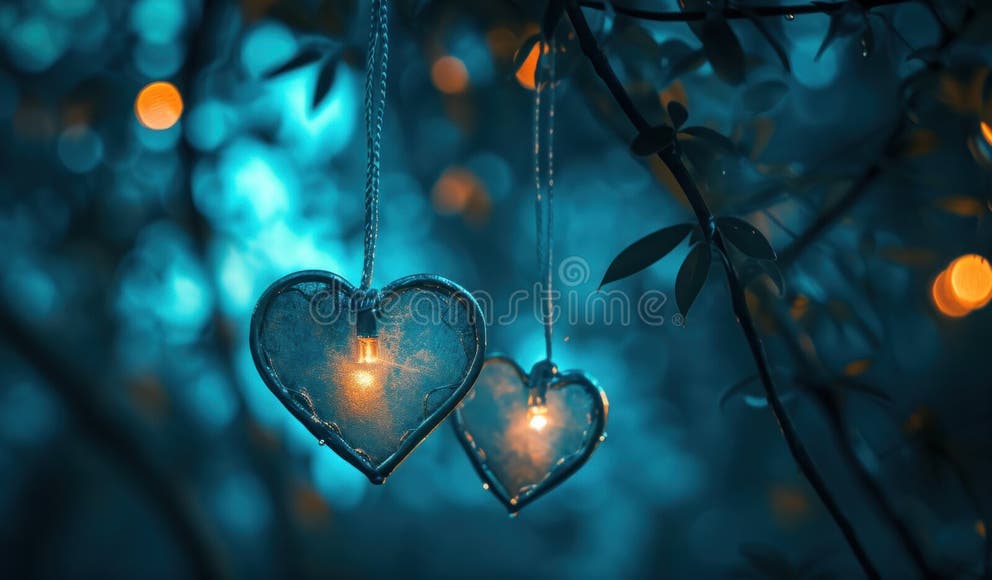 Two Heart Shape Hanging in a Frame at Night in Dark Forest Stock Photo ...