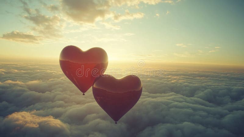 Two Heart Shaped Balloons Float Above Clouds Stock Illustration ...