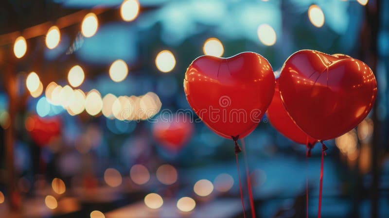 Two Heart-shaped Balloons Float Against a Romantic Evening Backdrop of ...