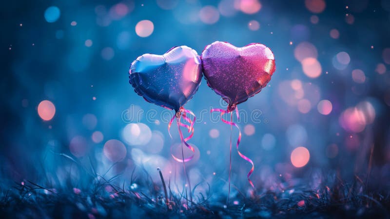 Two Heart Shaped Balloons in Grass at Night Stock Illustration ...