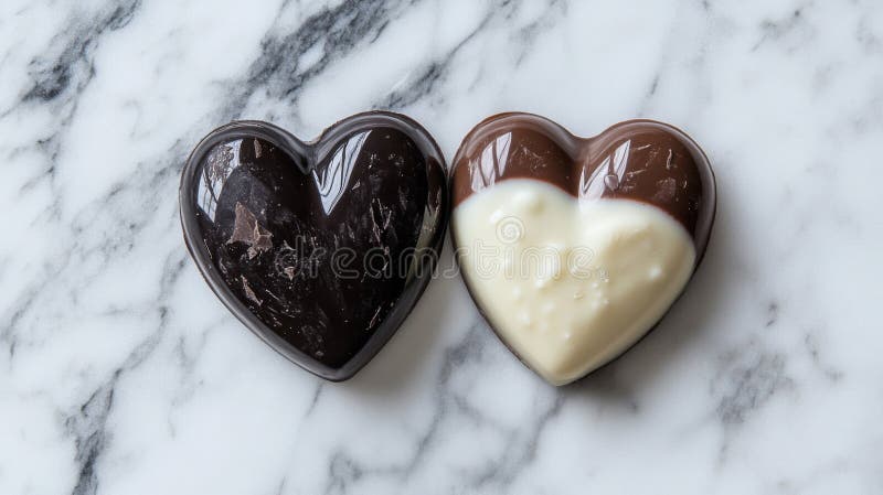 Two Heart Shaped Chocolates Dark and White Rest on Marble Stock ...
