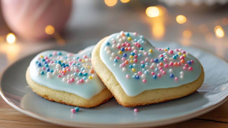 Two Heart Shaped Cookies Icing Sprinkles Delight Stock Illustration ...