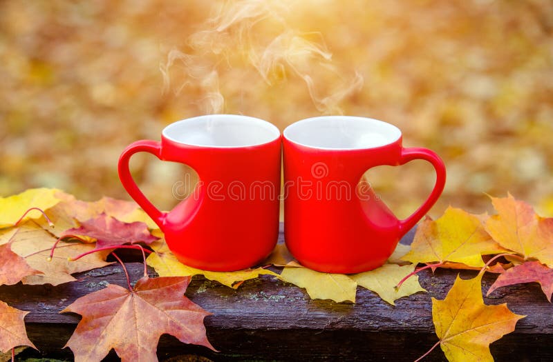 Two Heart Shaped Mugs with Tea Stock Photo - Image of bench, table ...