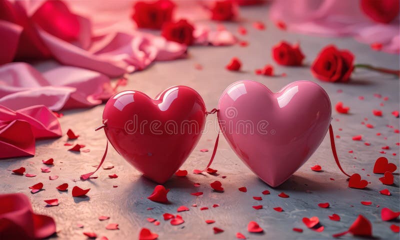 Two Heart-shaped Objects, One Pink and One Red, are Connected by String ...