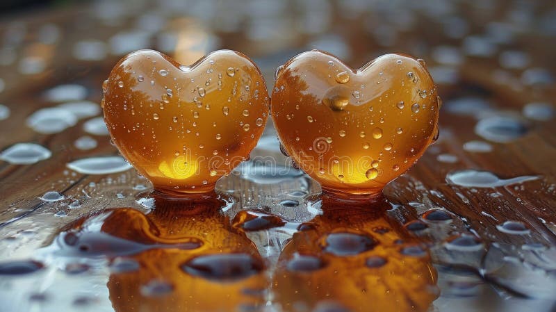 Two Heart Shaped Objects Sitting on a Table with Water Droplets, AI ...